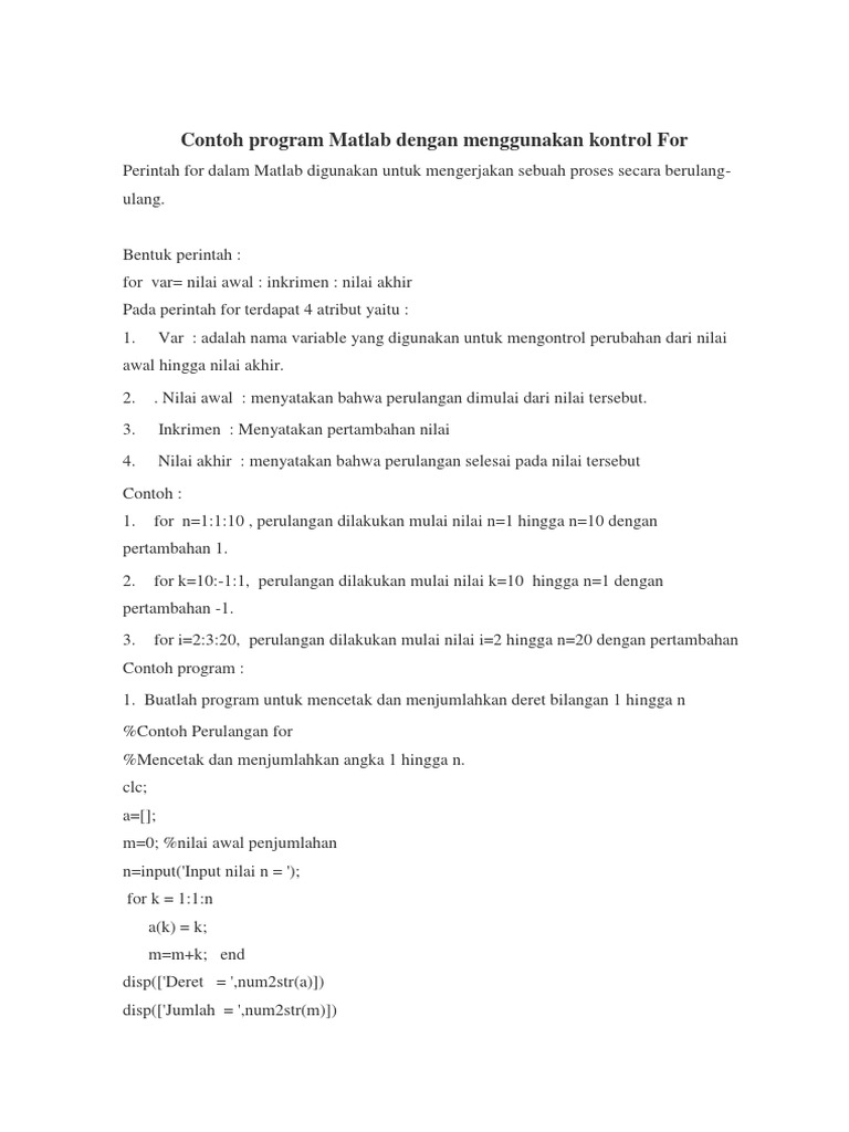 Contoh Program Matlab Dengan Menggunakan Kontrol For | PDF