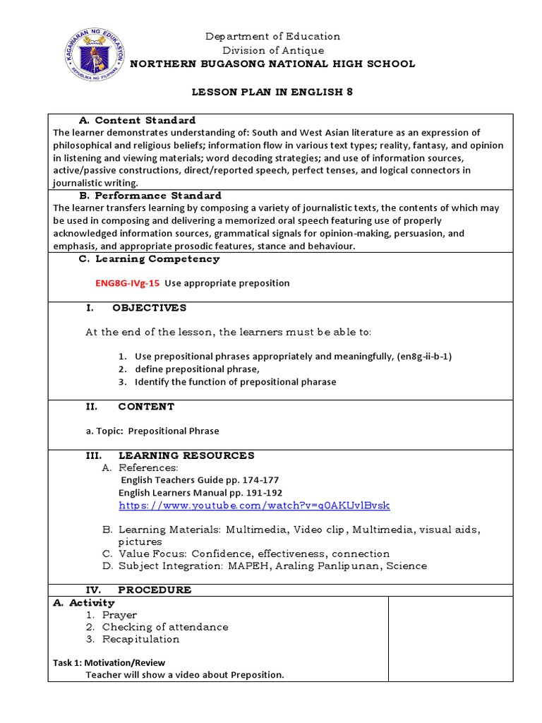 LESSON PLAN Preposition Cot | Download Free PDF | Preposition And ...