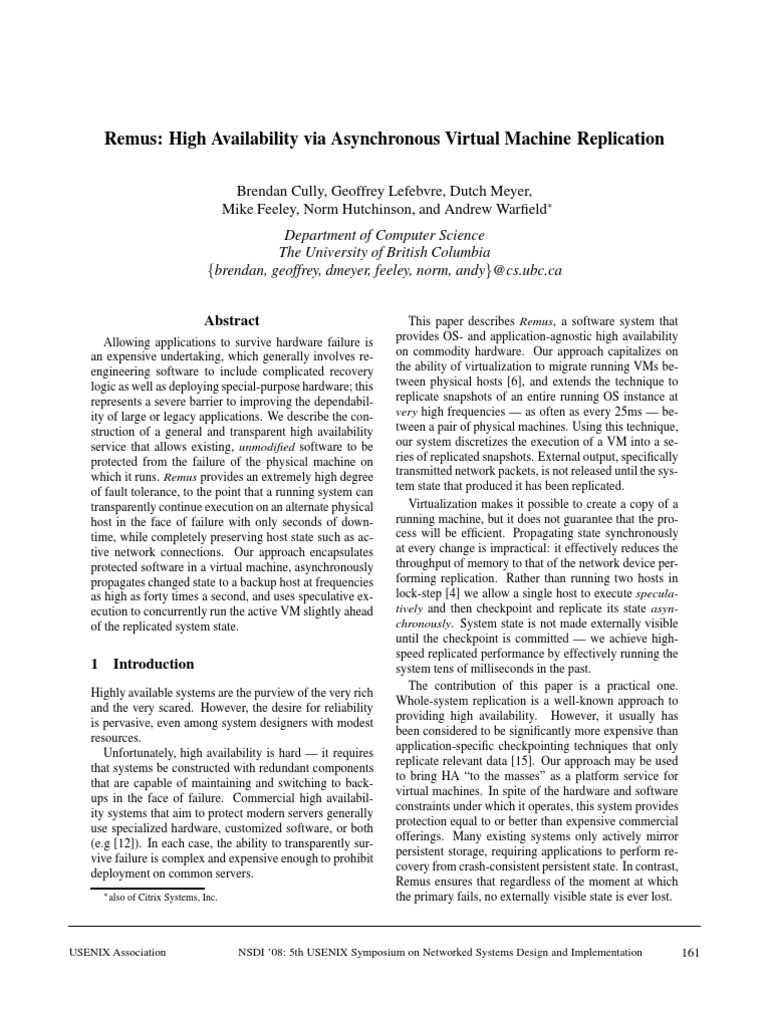 Remus: High Availability Via Asynchronous Virtual Machine Replication | PDF | Virtual Machine ...
