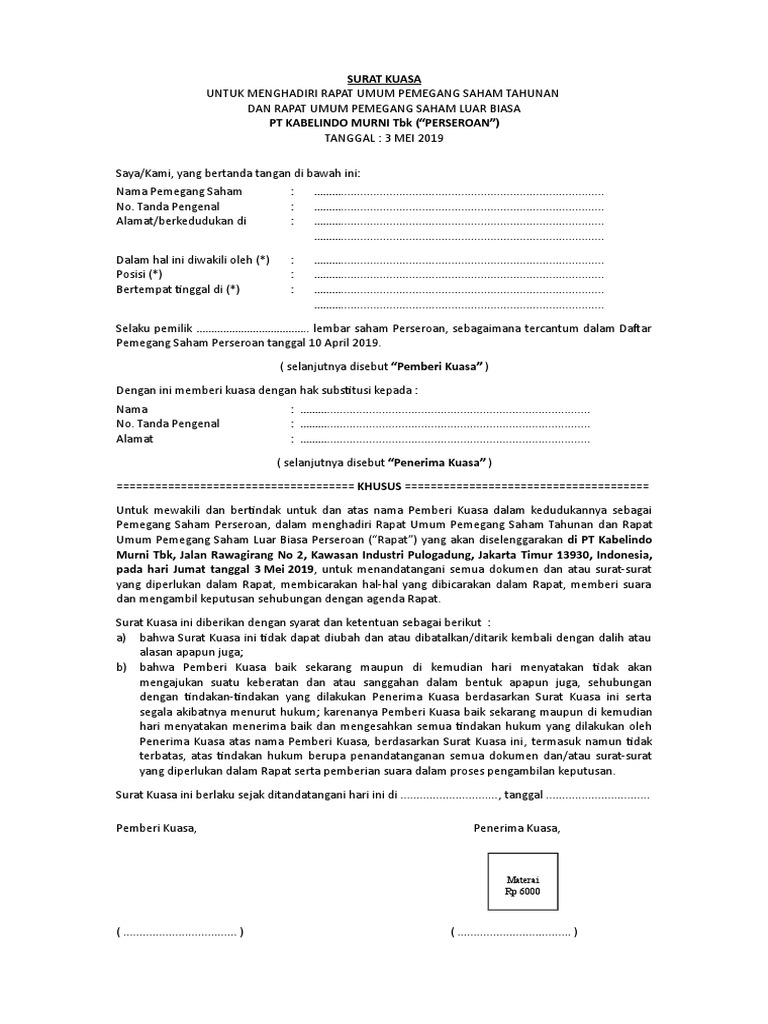 Surat Kuasa Pemegang Saham Ind 2019 | PDF