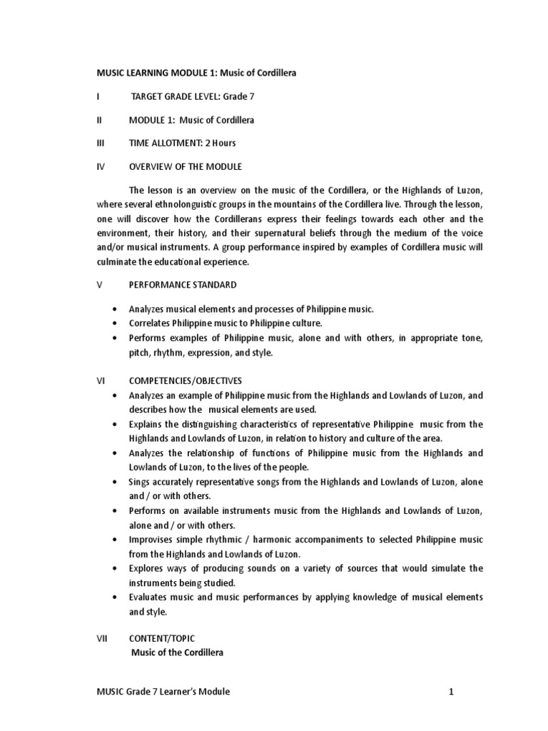 Grade 7 Music Module | PDF | Songs | Musical Instruments