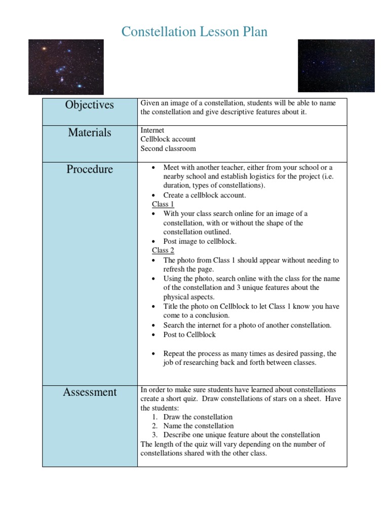Constellation Lesson Plan: Objectives Materials | PDF | Lesson Plan ...