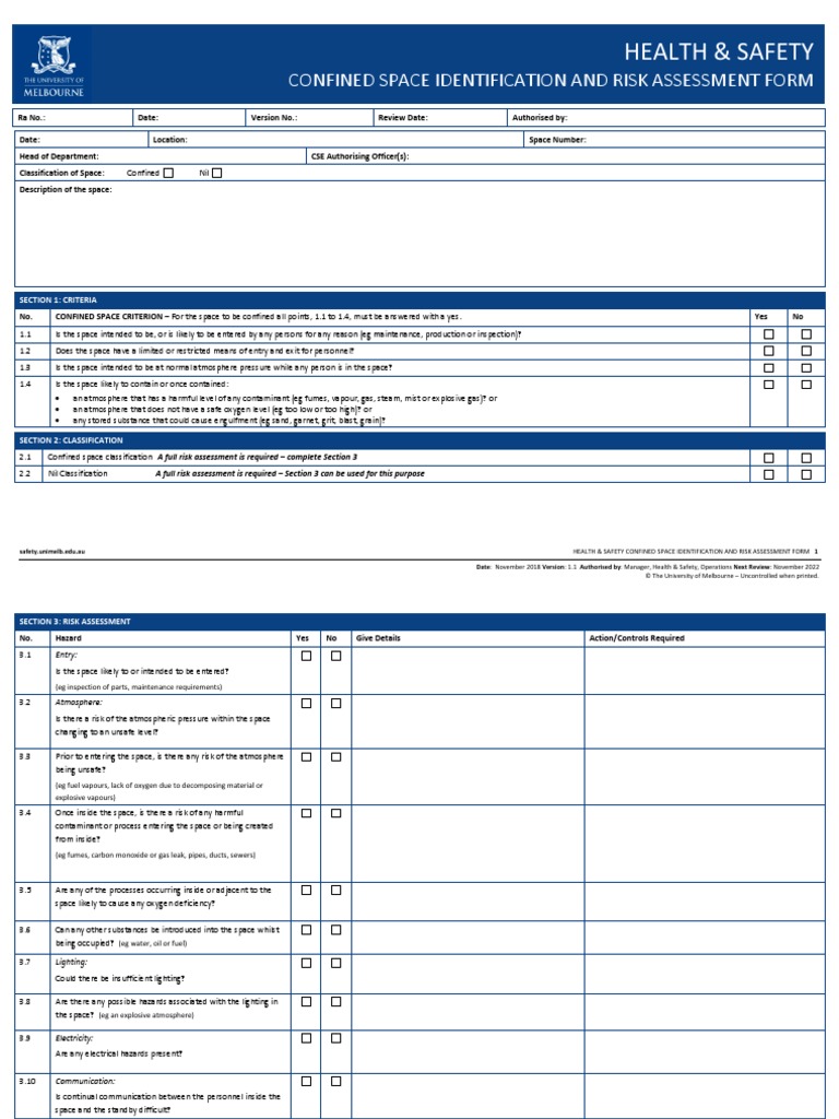 Confined Space Identification and Risk Assessment Form | PDF ...