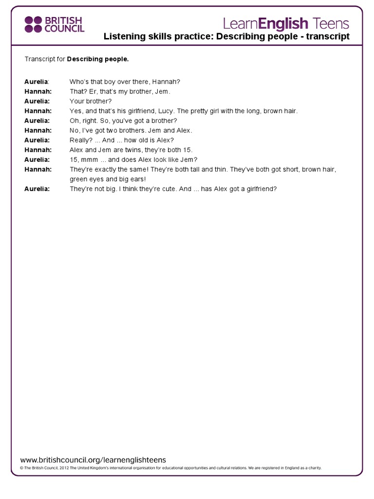 Describing People: A Conversation Transcript | PDF
