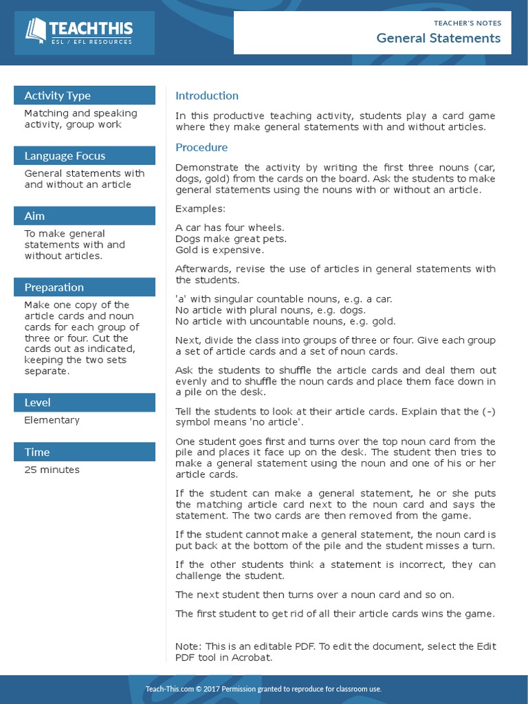 General Statements: Activity Type | PDF | English As A Second Or ...