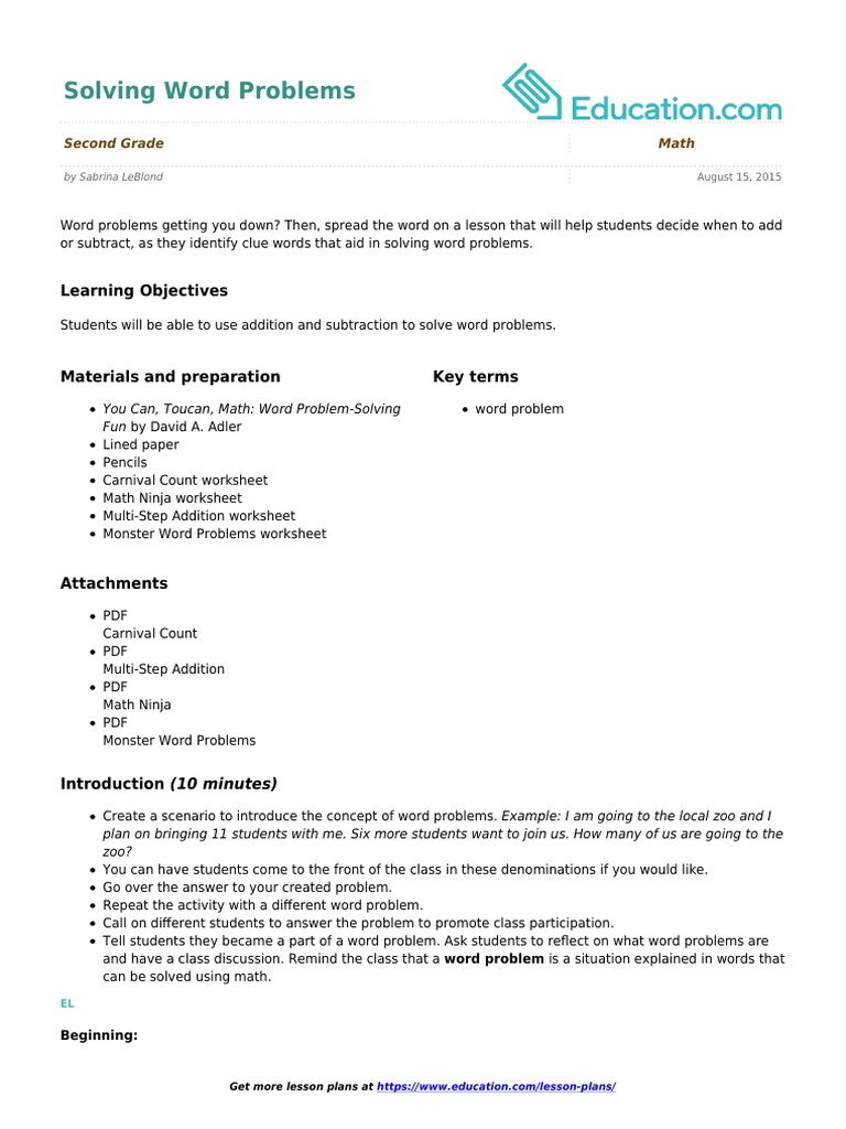 Second Grade Word Problem Lesson Plan | PDF | Education Theory ...