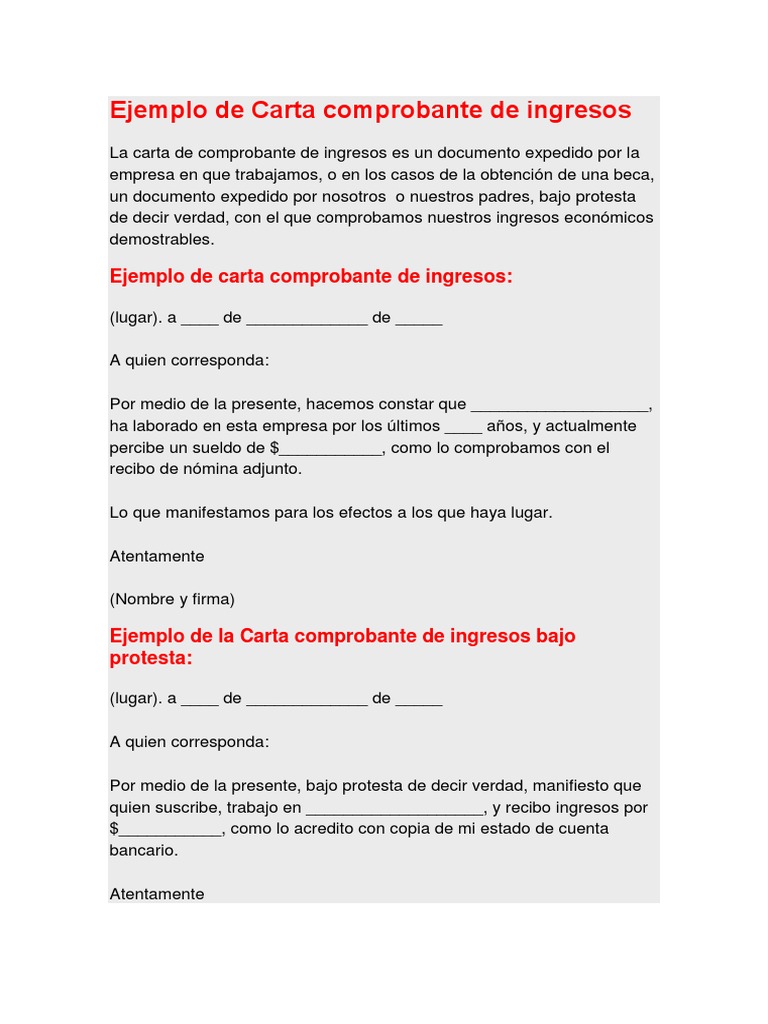 Ejemplo de Carta Comprobante de Ingresos