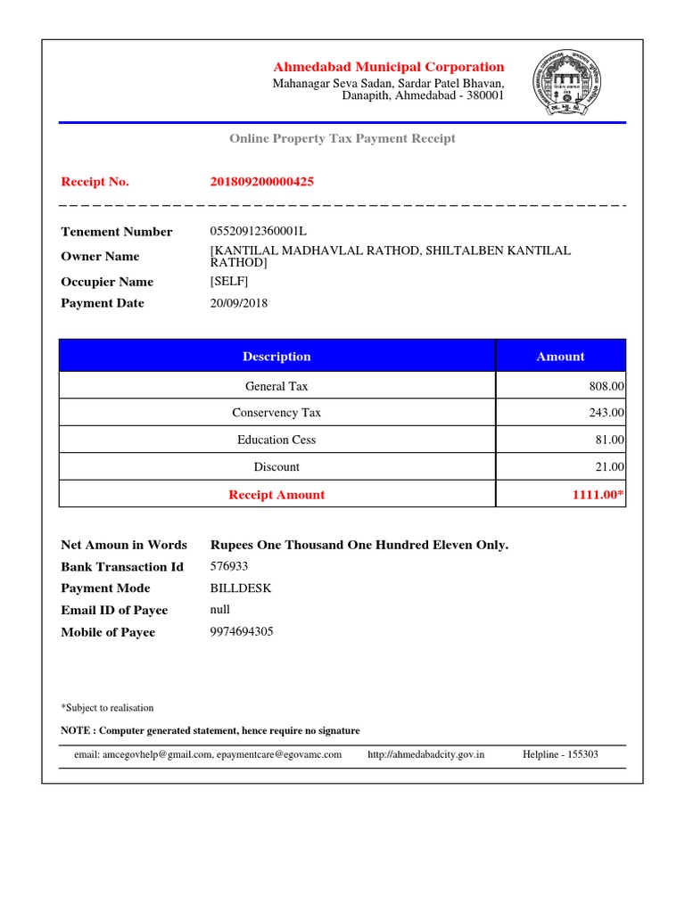 Receipt No. 201809200000425: Online Property Tax Payment Receipt | PDF