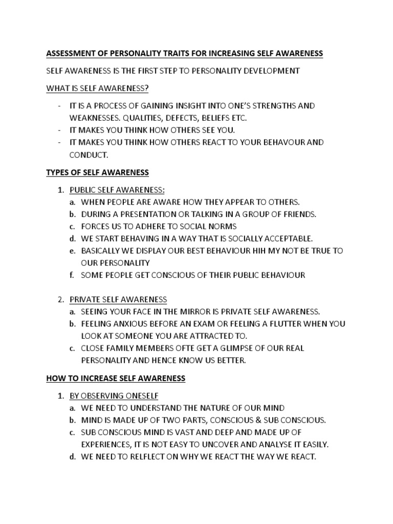 Assessment of Personality Traits For Increasing Self Awareness | PDF ...