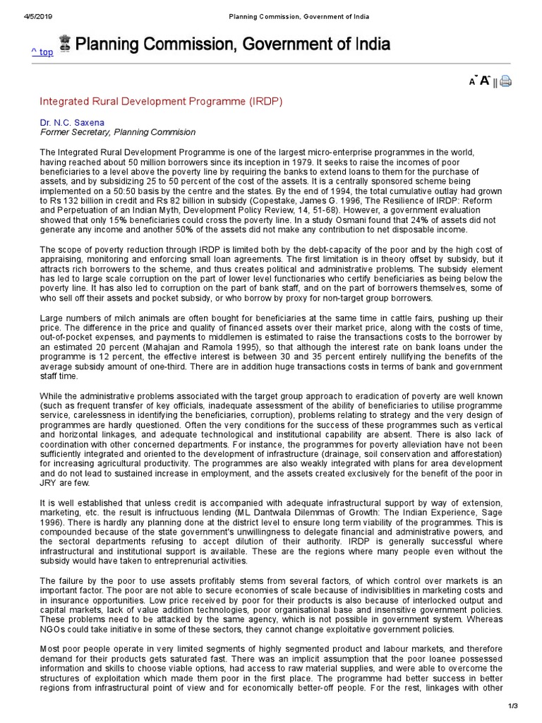 Integrated Rural Development Programme (IRDP) : Dr. N.C. Saxena | PDF ...