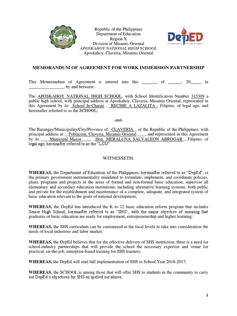 Moa For Work Immersion Lgu Anhs | PDF | Employment | Secondary Education