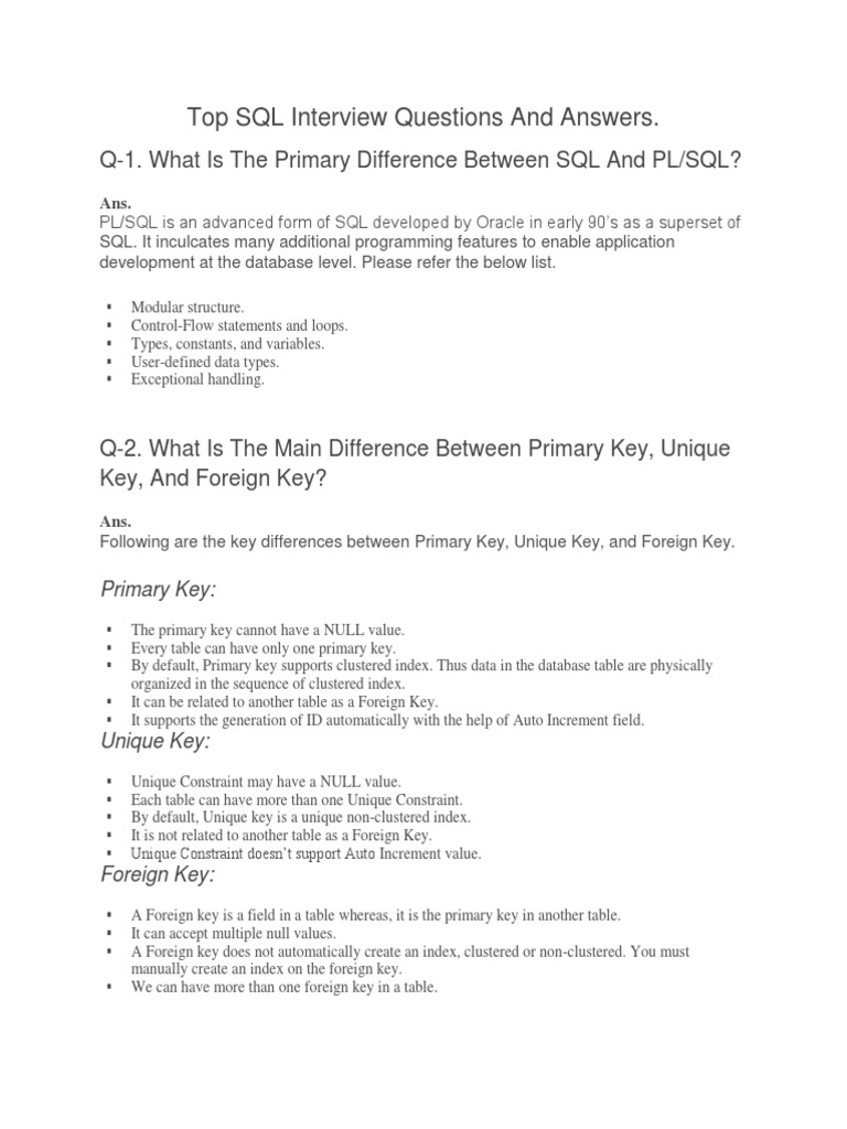 Top Sql Interview Questions And Answers Pdf Database Index Database Transaction