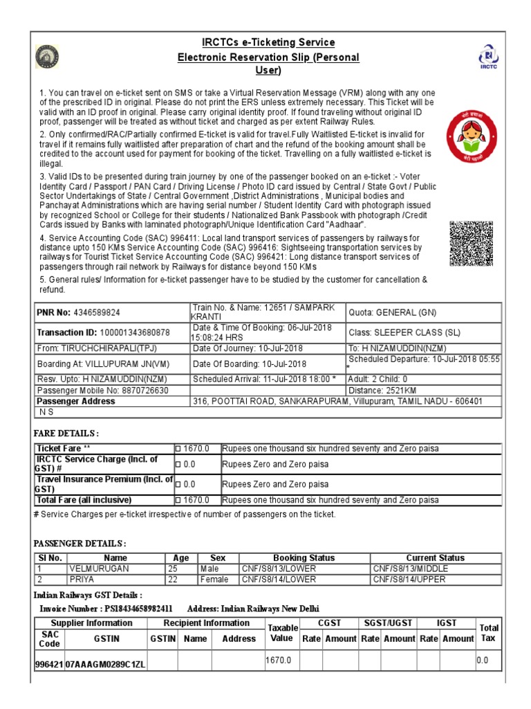 Irctcs E-Ticketing Service Electronic Reservation Slip (Personal User) | PDF | Identity Document ...