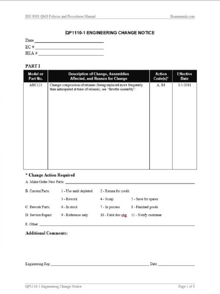 Engineering Change Notice Sample | PDF