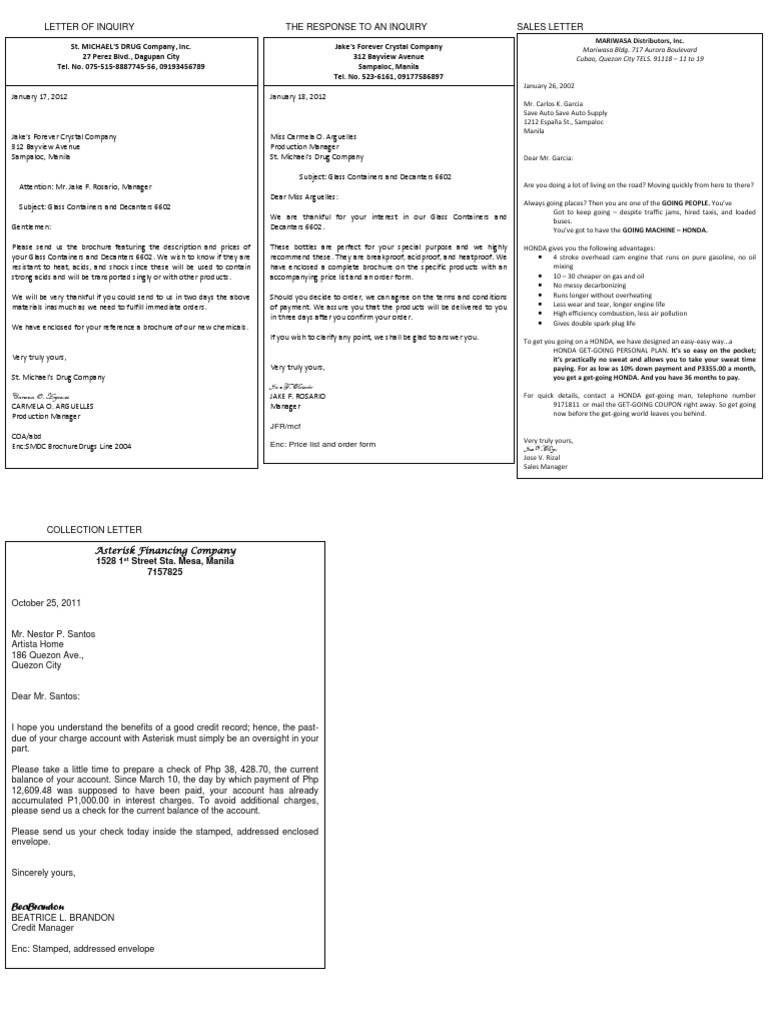 Letter of Inquiry The Response To An Inquiry Sales Letter | PDF ...