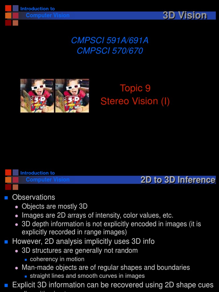 3D Vision: Topic 9 Stereo Vision (I) | PDF | Stereoscopy | Computer Vision