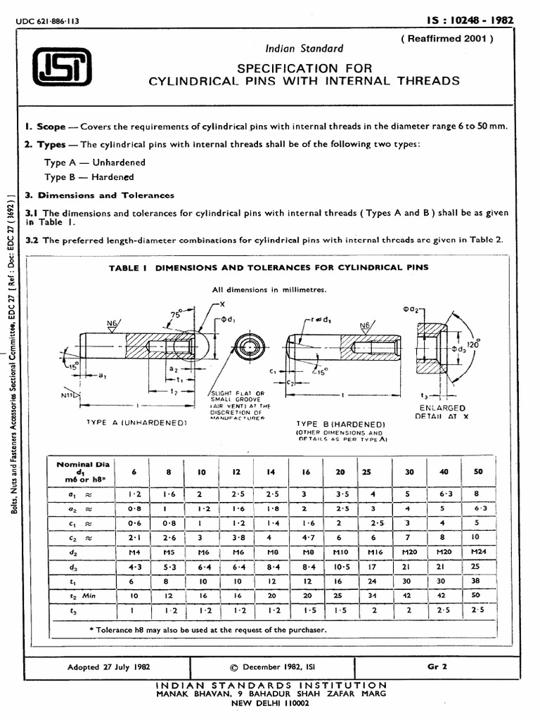 Cylindrical Pins With Internal Threads-Is2393 | PDF | Screw | Building ...