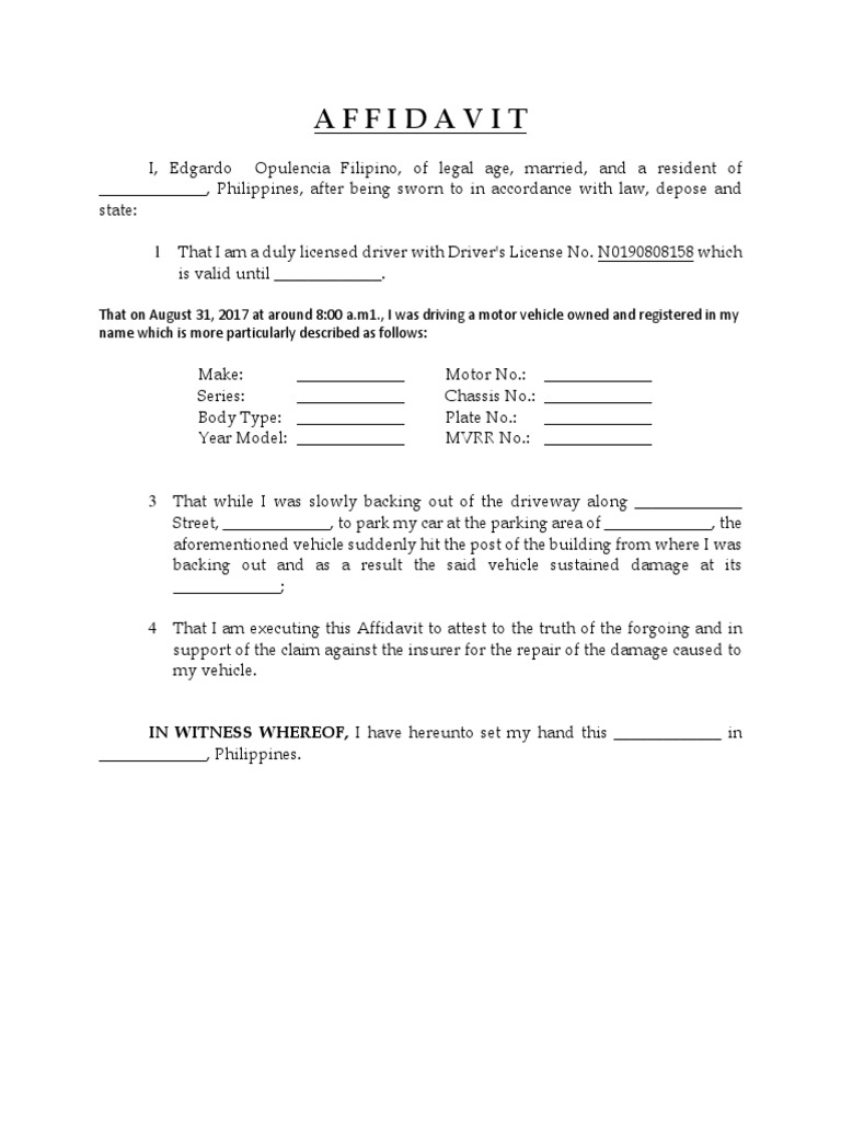 Affidavit for Car Insurance Claim | PDF | Vehicle Insurance | Wheeled ...