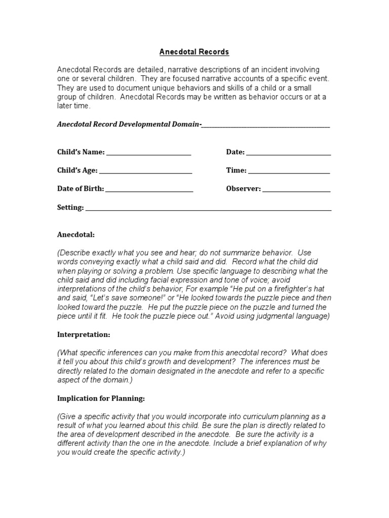 Anecdotal Records Examples For Preschool