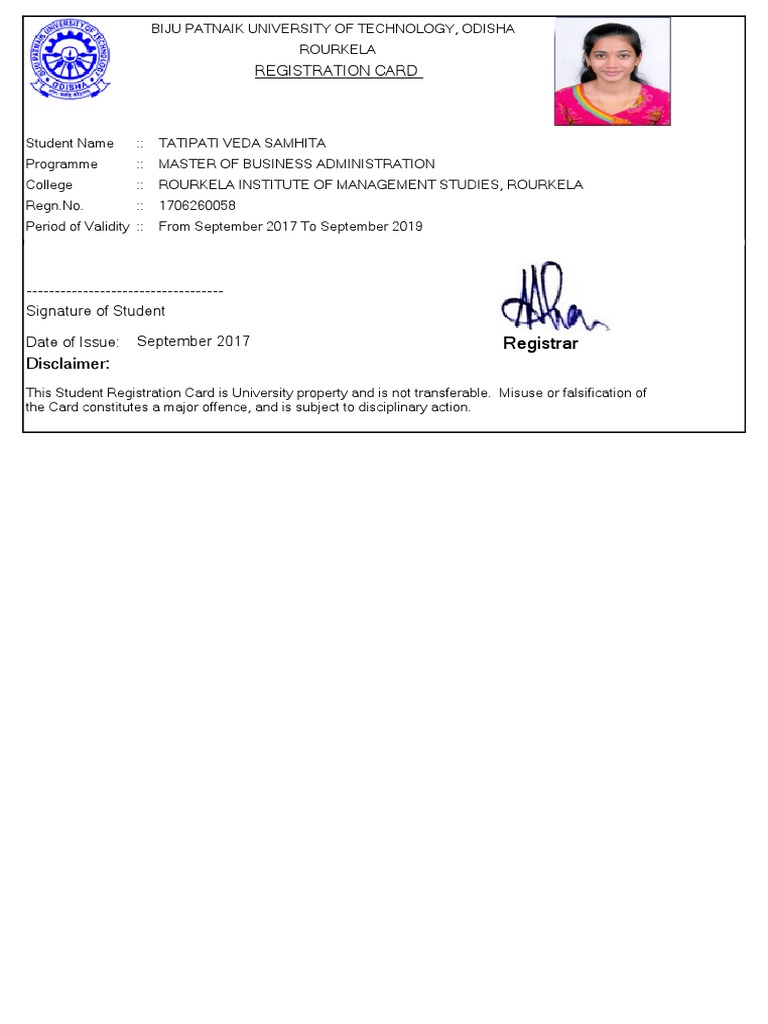 BPUT MBA Student Registration Card | PDF