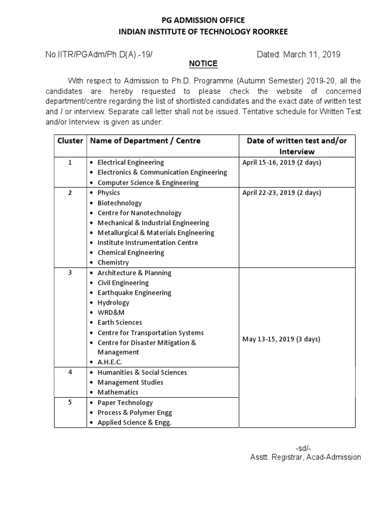 IIT Roorkee Ph.D. Admission Notice 2019 | PDF