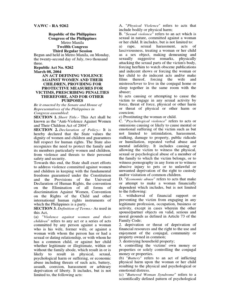 VAWC - RA 9262: Be It Enacted by The Senate and House of ...
