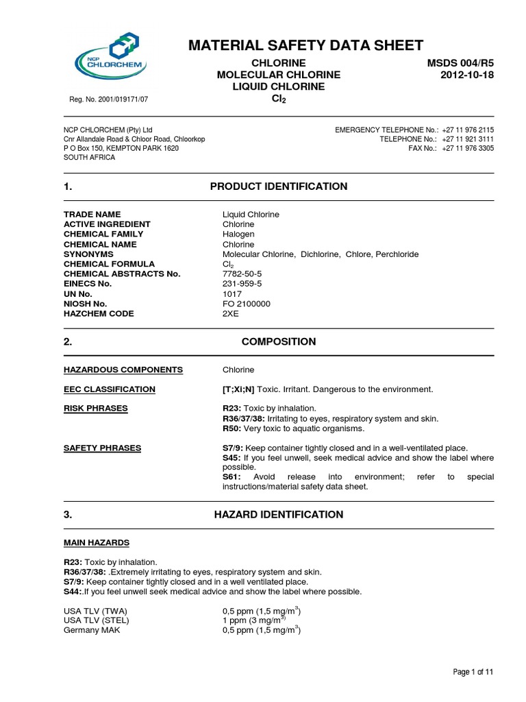 Chlorine Safety Data Sheet | PDF | Chlorine | Carbon