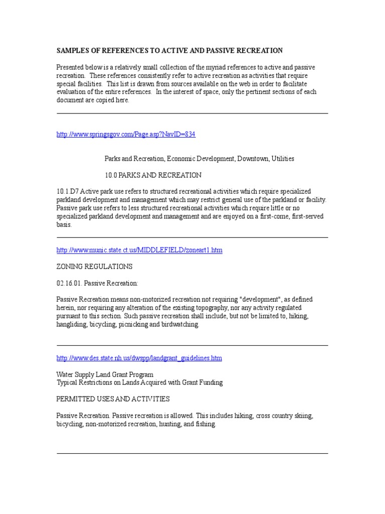 Samples Of References To Active And Passive Recreation | Trail | Parks