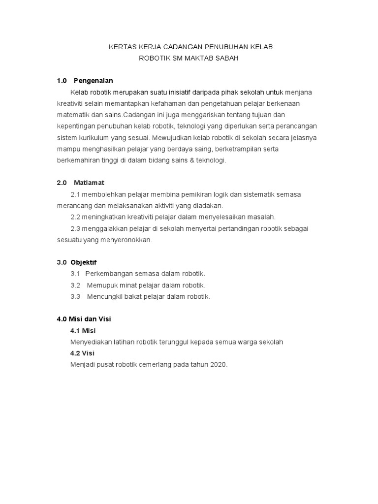 Kertas Kerja Cadangan Penubuhan Kelab Robotik | PDF