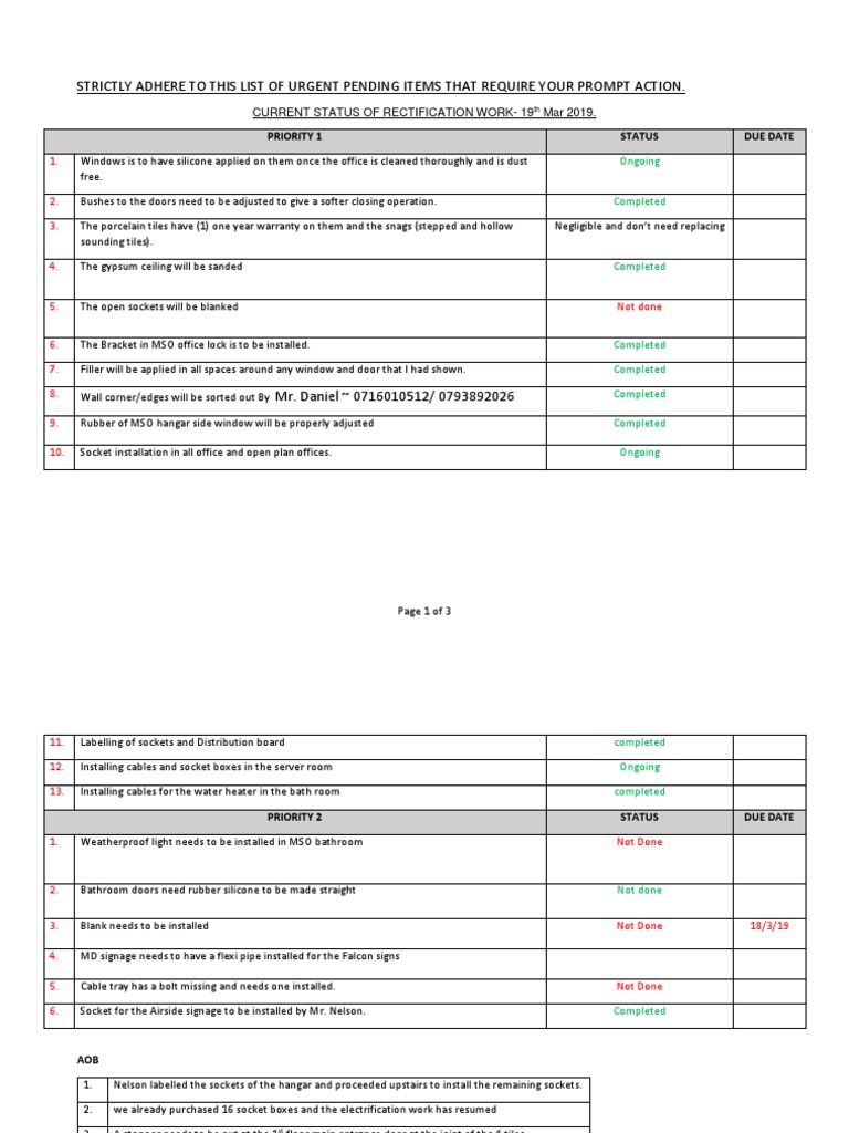 Strictly Adhere To This List of Urgent Pending Items That Require Your ...