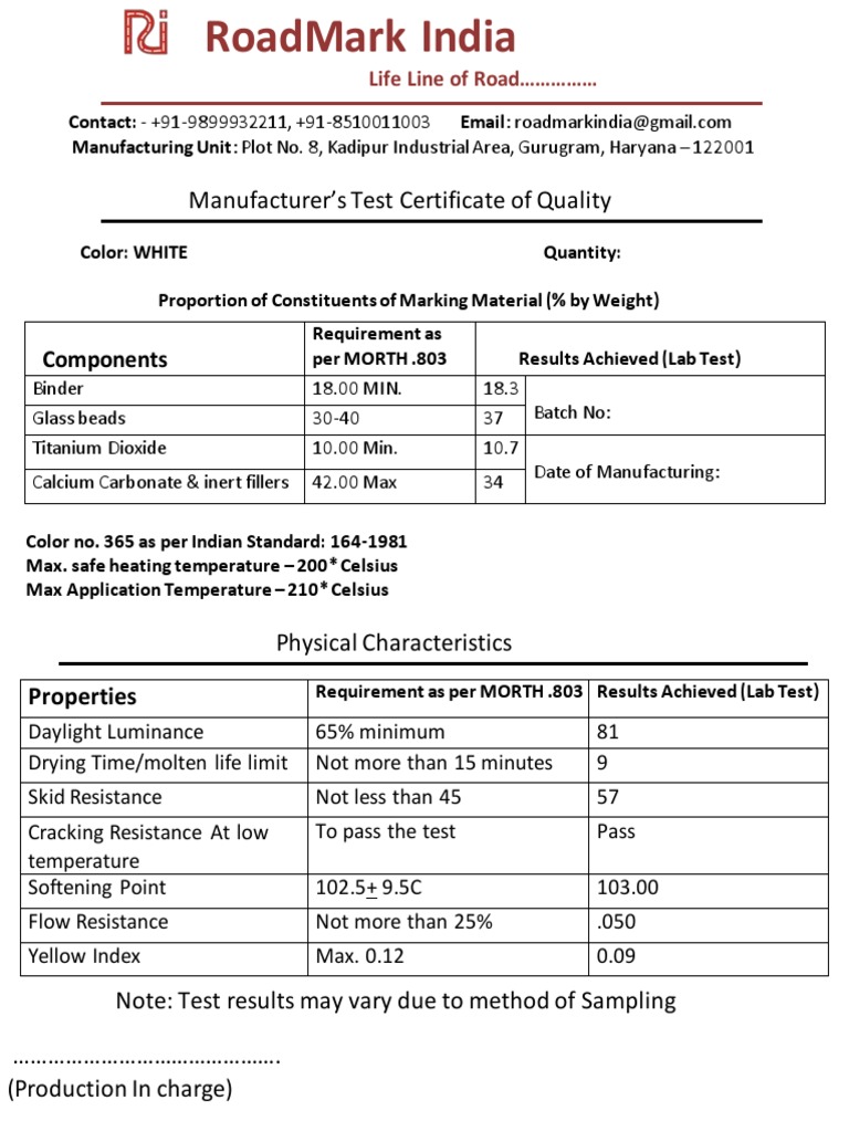 Manufacturer's Test Certificate of Quality: Components | PDF