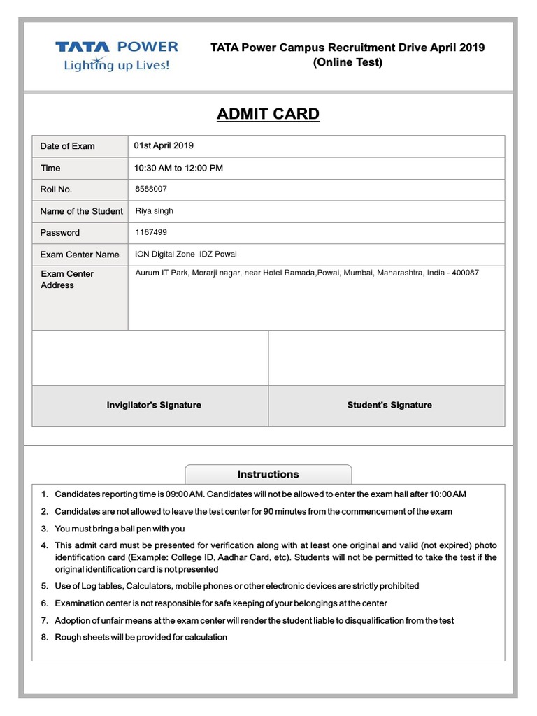 Admit Card: TATA Power Campus Recruitment Drive April 2019 (Online Test ...
