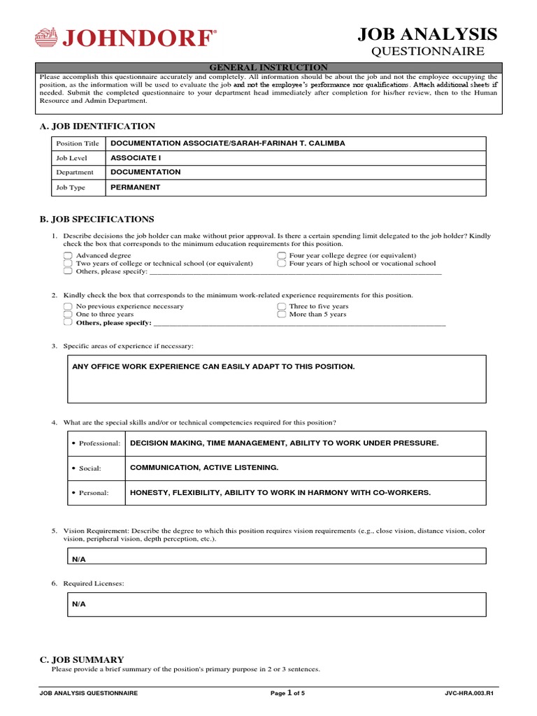 Job Analysis Questionnaire for Documentation Associate | PDF ...