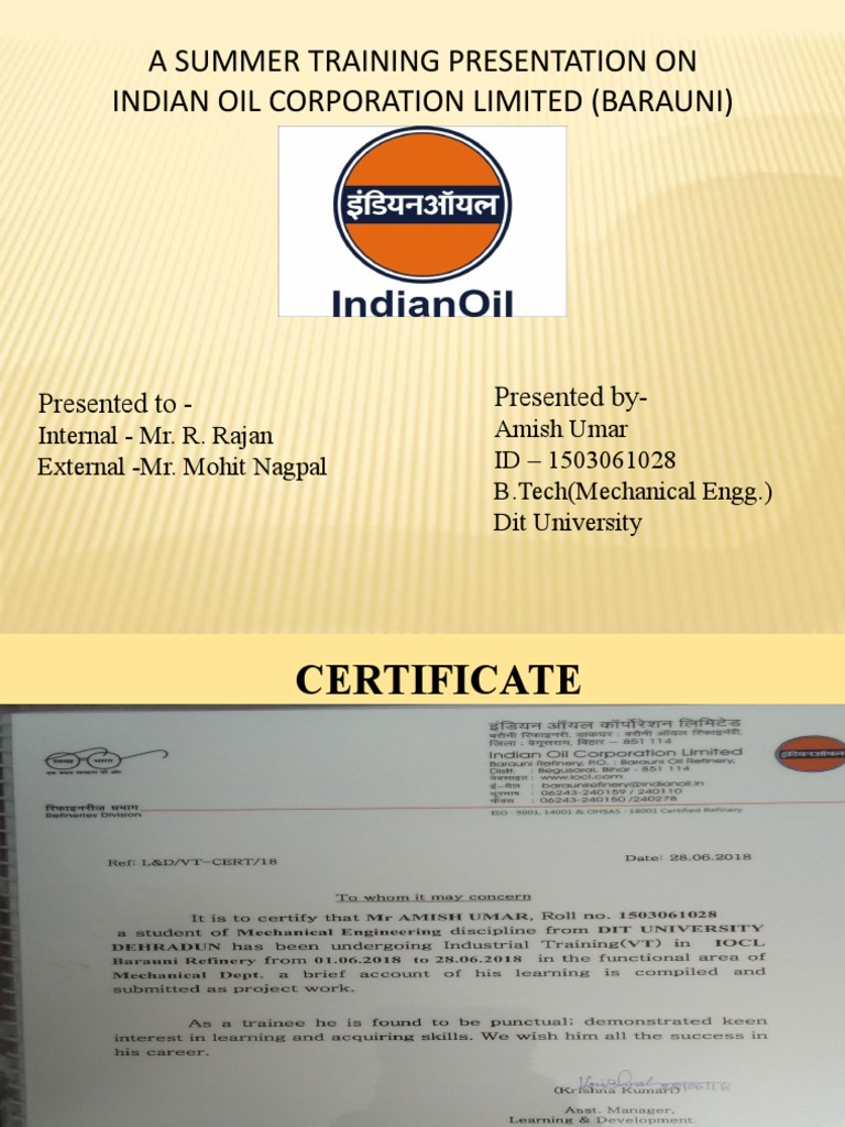 IOCL Barauni Internship Overview | PDF | Gasoline | Oil Refinery