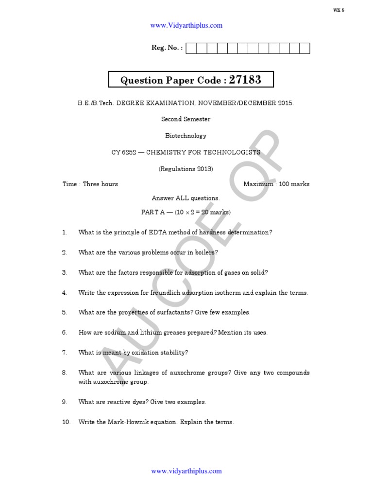 Au Coe QP: Question Paper Code | PDF | Bleach | Chemical Substances