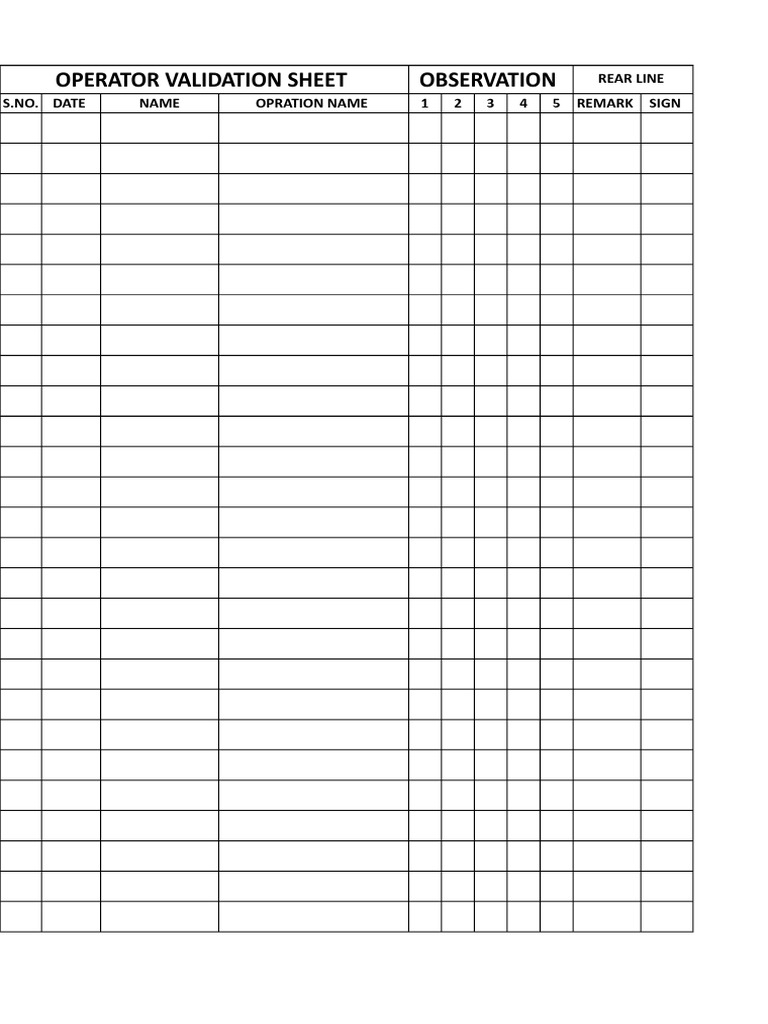 Operator Validation Sheet Observation: Rear Line S.No. Date Name ...
