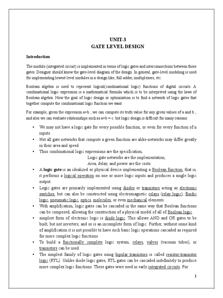UNIT-3 Gate Level Design Notes | PDF | Logic Gate | Cmos