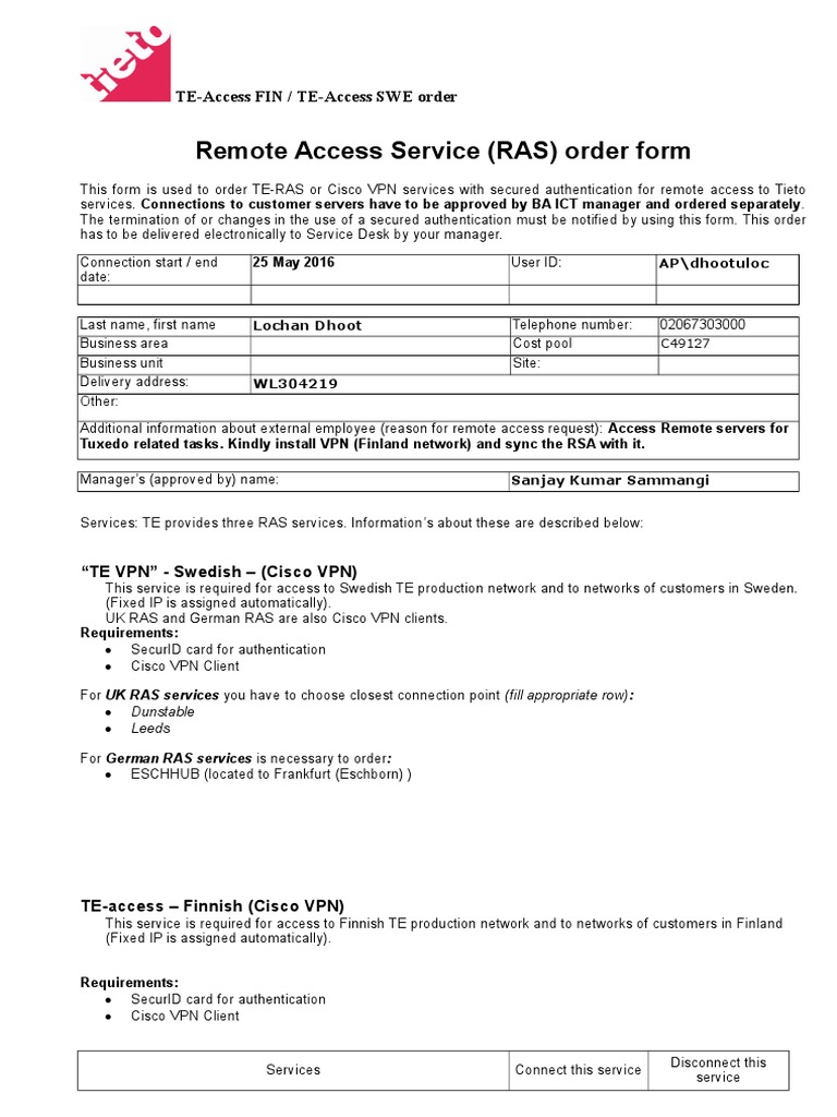 Remote Access Service (RAS) Order Form | PDF | Virtual Private Network ...
