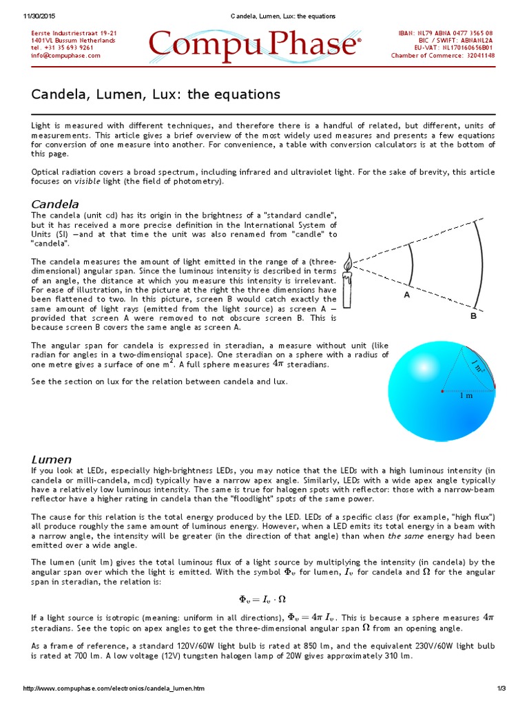 Candela, Lumen, Lux - The Equations | PDF | Lighting | Electromagnetic ...
