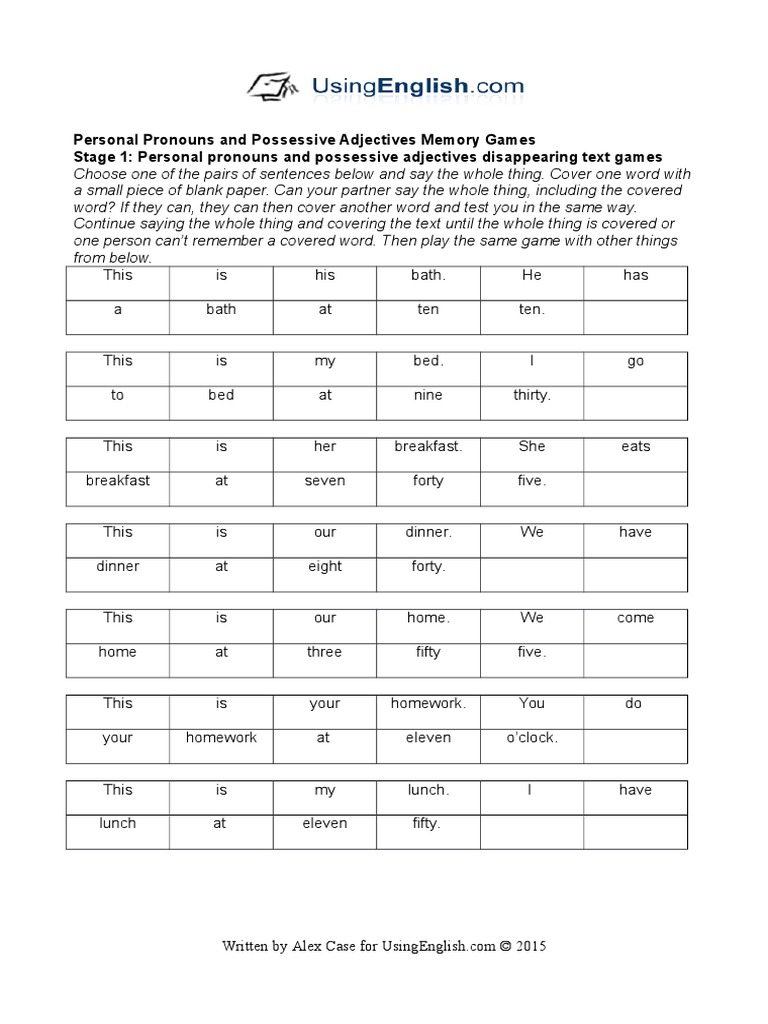 Personal Pronouns and Possessive Adjectives Drawing Game | PDF ...