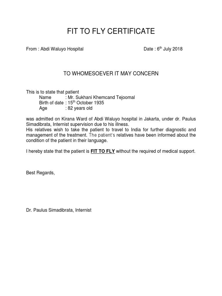 Fit To Fly Certificate | PDF