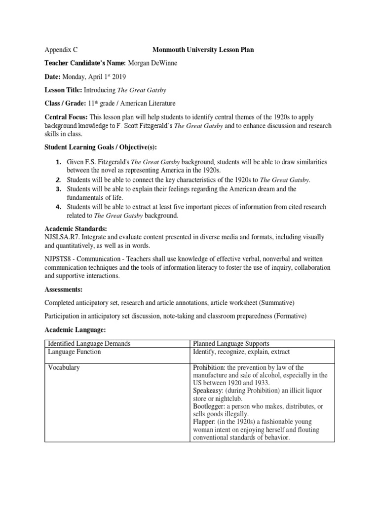 Gatsby Lesson Plan | PDF | The Great Gatsby | Lesson Plan