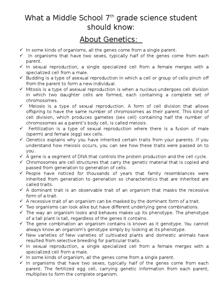 7th Grade Genetics Overview Guide | PDF | Sexual Reproduction | Genetics