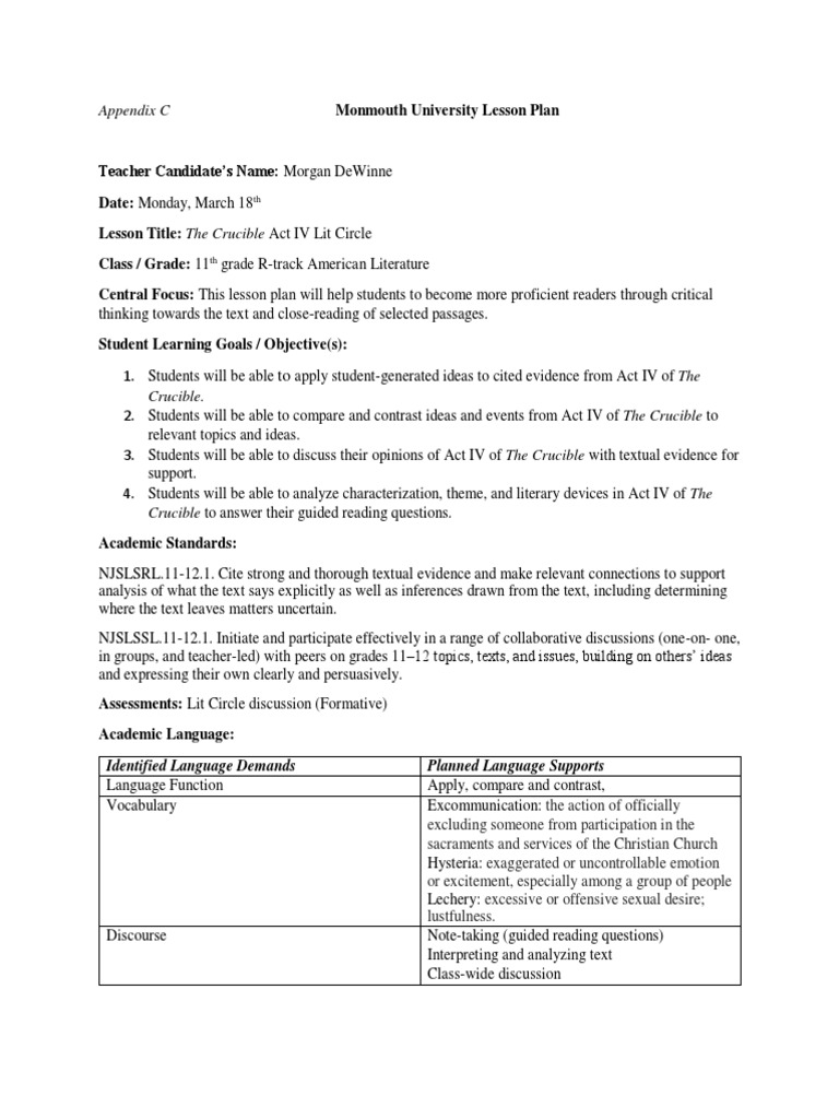 Crucible Act IV Lesson Plan | PDF | Lesson Plan | Learning Theory ...