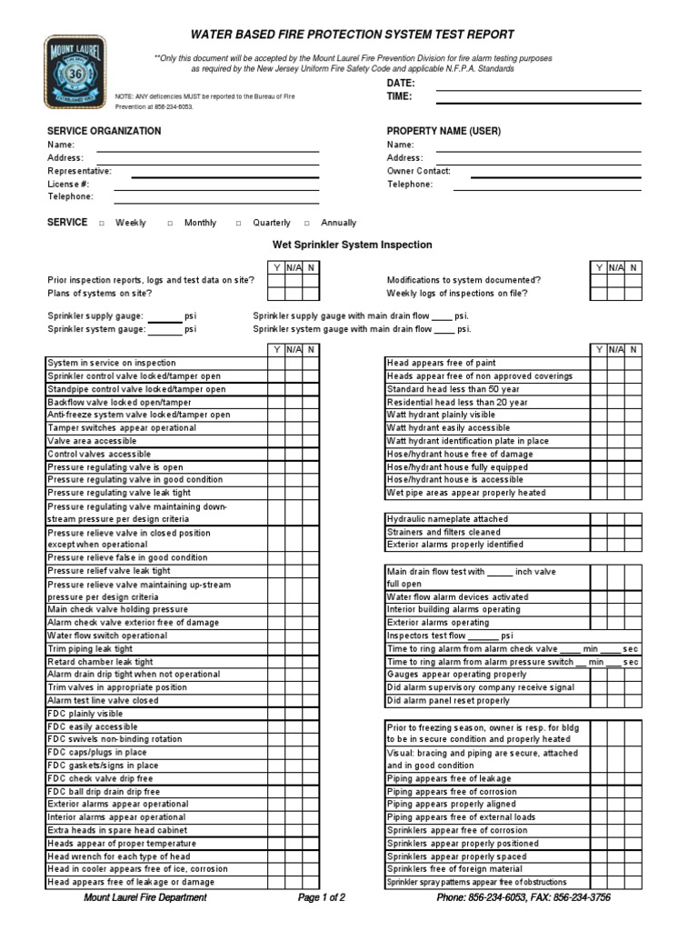 Water Based Fire Protection System Test Report: Date: Time | PDF | Fire ...