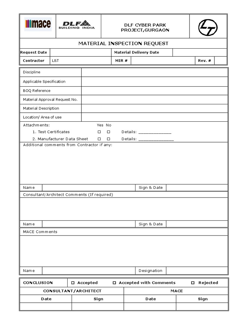 Material Inspection Request: DLF Cyber Park Project, Gurgaon | PDF