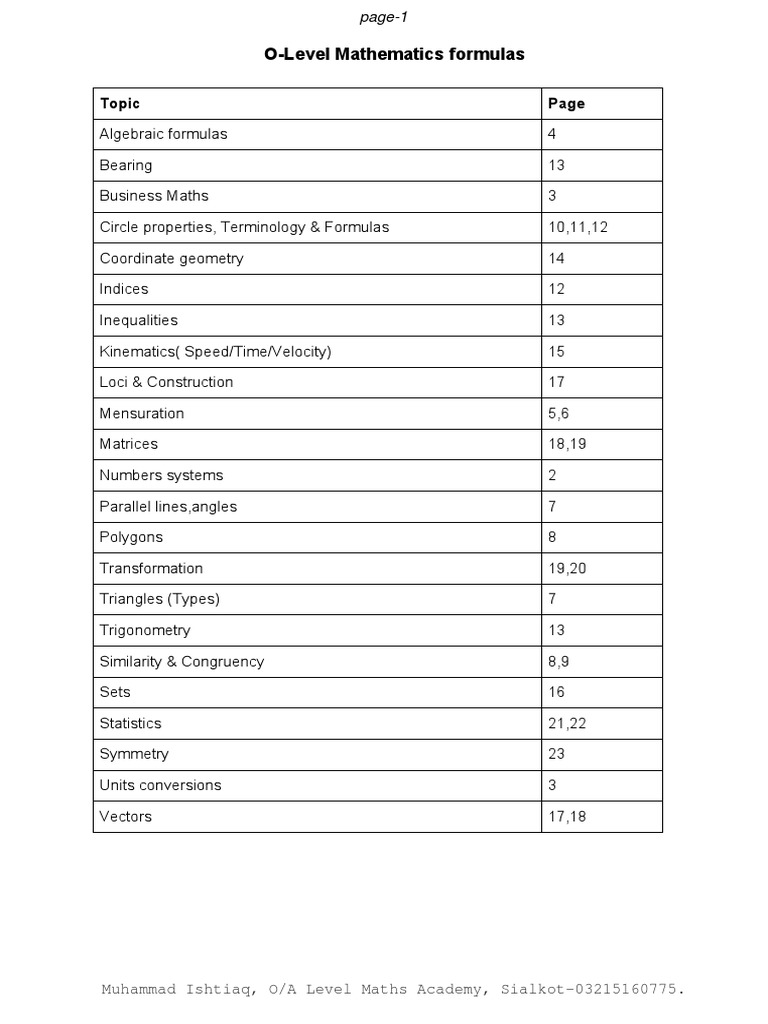 O-Level Maths Formulas 25-11-18 PDF | PDF | Triangle | Circle