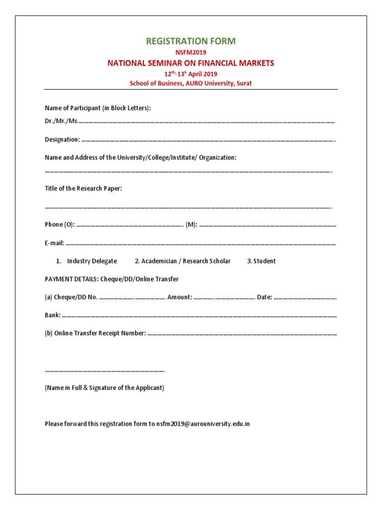 Registration Form: National Seminar On Financial Markets | PDF