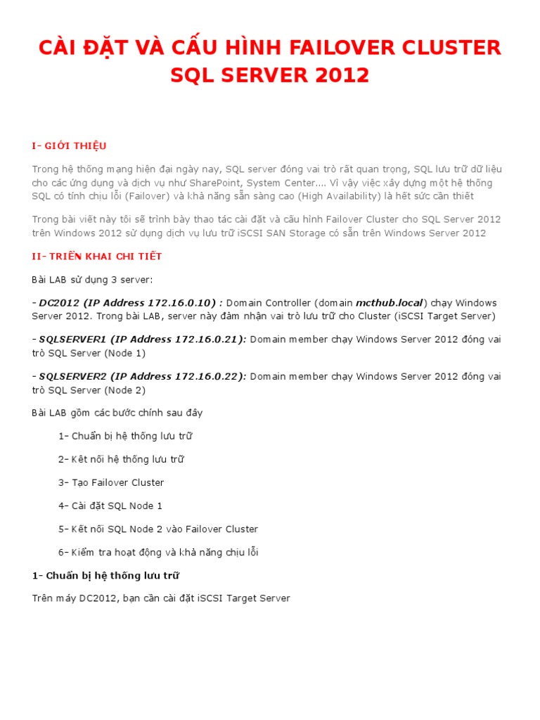 Cài Đặt Và Cấu Hình Failover Cluster SQL Server 2012 | PDF