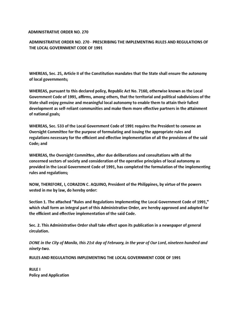 Irr 7160 | PDF | Local Government | President Of The Philippines